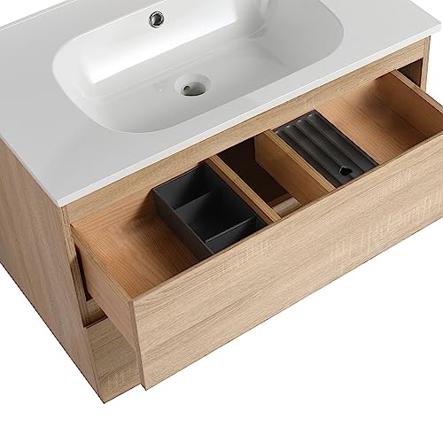 Henf 30" inch Wall Mounted Bathroom Vanity with Sink, Modern Floating Bathroom Vanity with White Integrated Gel Sink & Two Drawers, Plywood Hanging Bath Cabinet w/Resin Wash Basin (Light Oak)