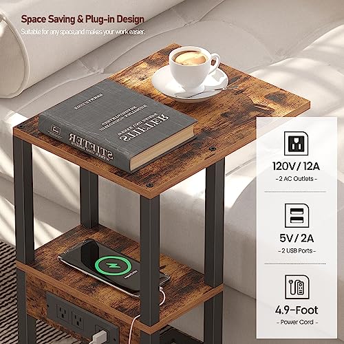 TUTOTAK C-Shaped Side Table, Set of 2, C Table End Table with Charging Station, Sofa Couch Table for Small Spaces, Couch Side Table for Livingroom, Bedroom, Brown TB01BB0432