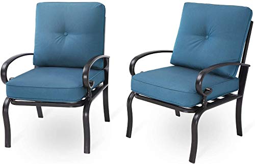 Cemeon Outdoor Furniture Metal Patio Dining Chairs Set of 2 Metal Frame Chairs, All-Weather Garden Seating Chair (Peacock Blue Cushions)