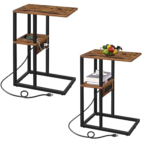 TUTOTAK C-Shaped Side Table, Set of 2, C Table End Table with Charging Station, Sofa Couch Table for Small Spaces, Couch Side Table for Livingroom, Bedroom, Brown TB01BB0432