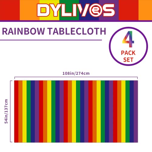 DYLIVeS 4 Pack Rainbow Tablecloth, Carnival Pride Tablecloth Disposable Plastic Rectangle Rainbow Tablecover for Holiday Pride Party Anniversary Birthday Party Decoration Supplies, 54 x 108 Inch