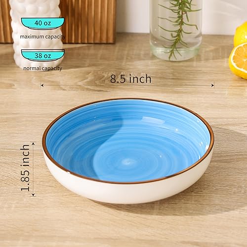 KOLLOV Pasta Bowls, 40oz Large Salad Bowl Set of 4, Ceramic Serving Soup Bowls Plates for Kitchen, Microwave & Dishwasher Safe (Blue)