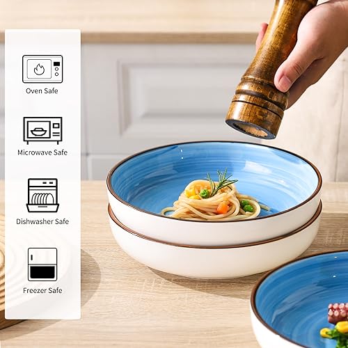 KOLLOV Pasta Bowls, 40oz Large Salad Bowl Set of 4, Ceramic Serving Soup Bowls Plates for Kitchen, Microwave & Dishwasher Safe (Blue)