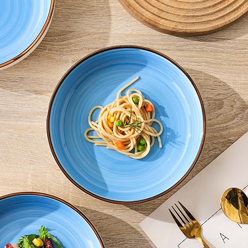 KOLLOV Pasta Bowls, 40oz Large Salad Bowl Set of 4, Ceramic Serving Soup Bowls Plates for Kitchen, Microwave & Dishwasher Safe (Blue)