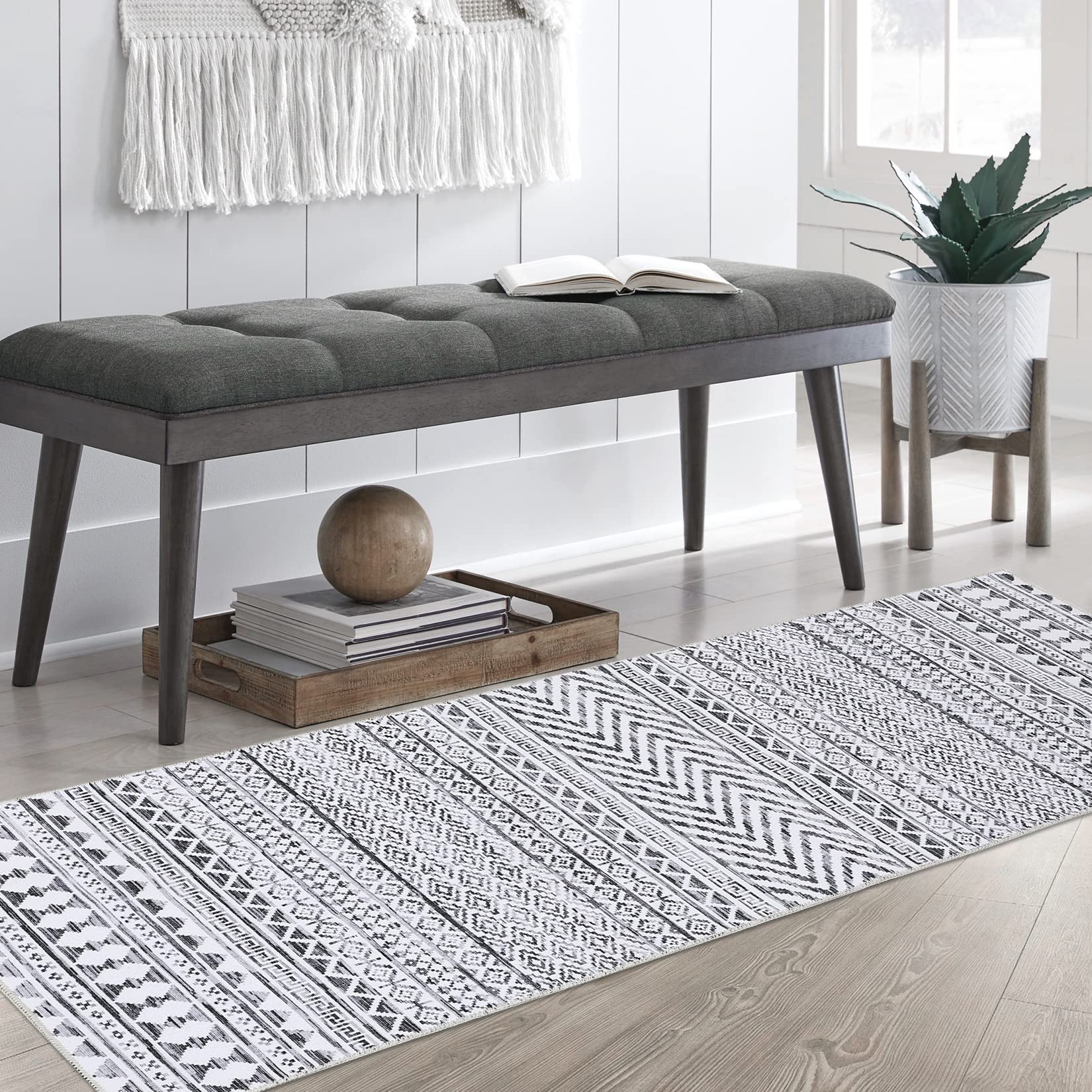 RUGSREAL 2' x 12' Runner Rug Extra Long Hallway Runner Rug Washable Indoor Runner Rug Non-Slip Boho Kitchen Runner Rug Geometric Runner for Living Room Bedroom Laundry, Grey 2'x12'