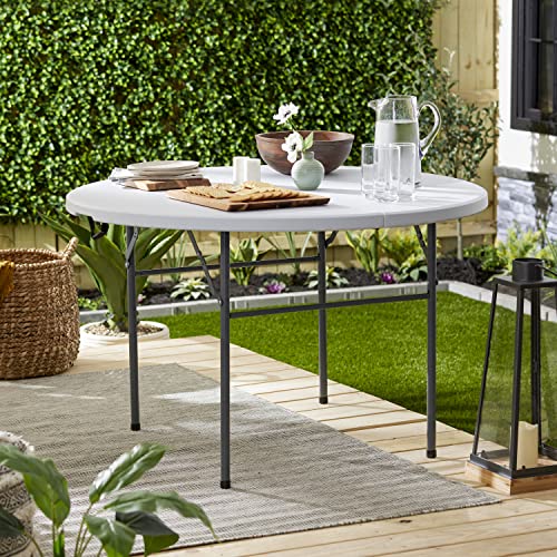 Plastic Development Group 4 Foot Round Folding Multipurpose Banquet Table with Secure Base for Indoor and Outdoor Events, White