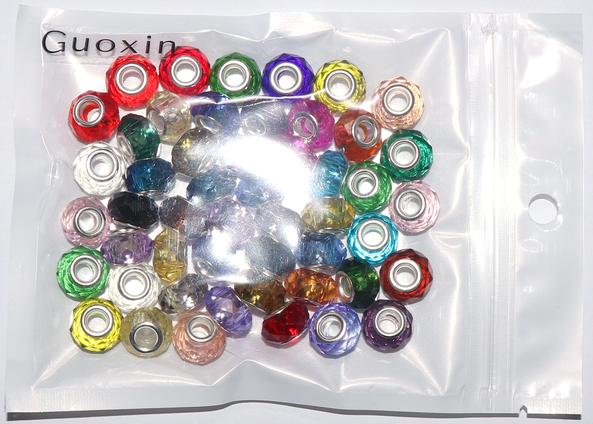 Guoxin Large Hole Glass Beads Murano Glass Beads Assorted Faceted European Lampwork Spacer Loose Bracelets Beads Silver Plated Cores Charms for DIY Crafts Jewelry Making 50 Pcs Mixed