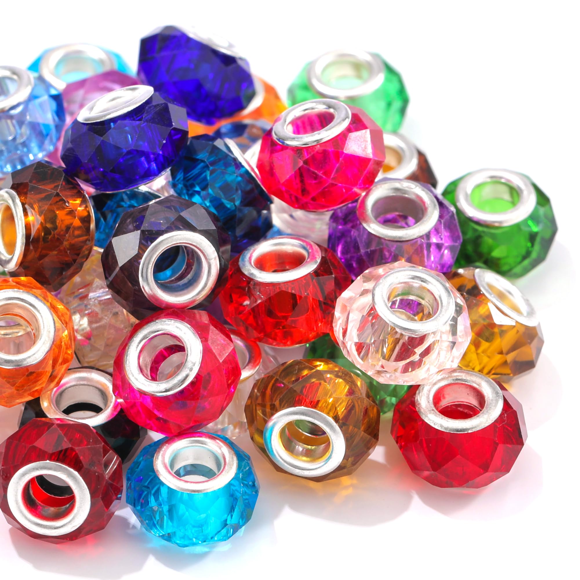 Guoxin Large Hole Glass Beads Murano Glass Beads Assorted Faceted European Lampwork Spacer Loose Bracelets Beads Silver Plated Cores Charms for DIY Crafts Jewelry Making 50 Pcs Mixed