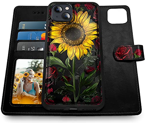 Shields Up for iPhone 15 Wallet Case, Detachable Magnetic Case Wallet with Card Holder & Strap for Girls/Women, Vegan Leather Floral Cover for iPhone 15 6.1 inch - Rose Flower/Sunflower