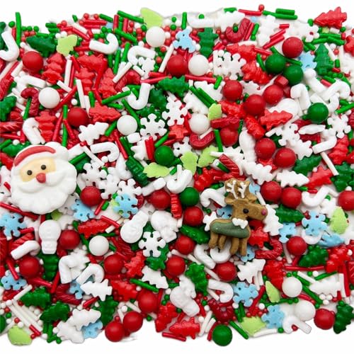 SE Si&Moos Edible Christmas Sprinkles for Cake Decorating Red Green and White Christmas Sprinkles Christmas Cake Decorations Christmas Tree Sprinkles Mix with Each 1 Santa Face and Deer Toopers 3 OZ