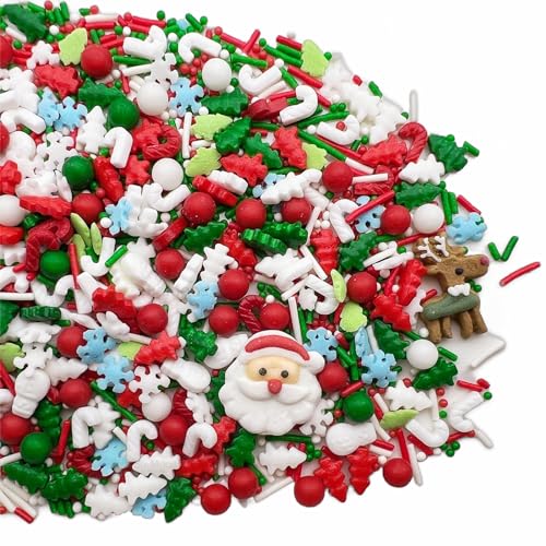 SE Si&Moos Edible Christmas Sprinkles for Cake Decorating Red Green and White Christmas Sprinkles Christmas Cake Decorations Christmas Tree Sprinkles Mix with Each 1 Santa Face and Deer Toopers 3 OZ