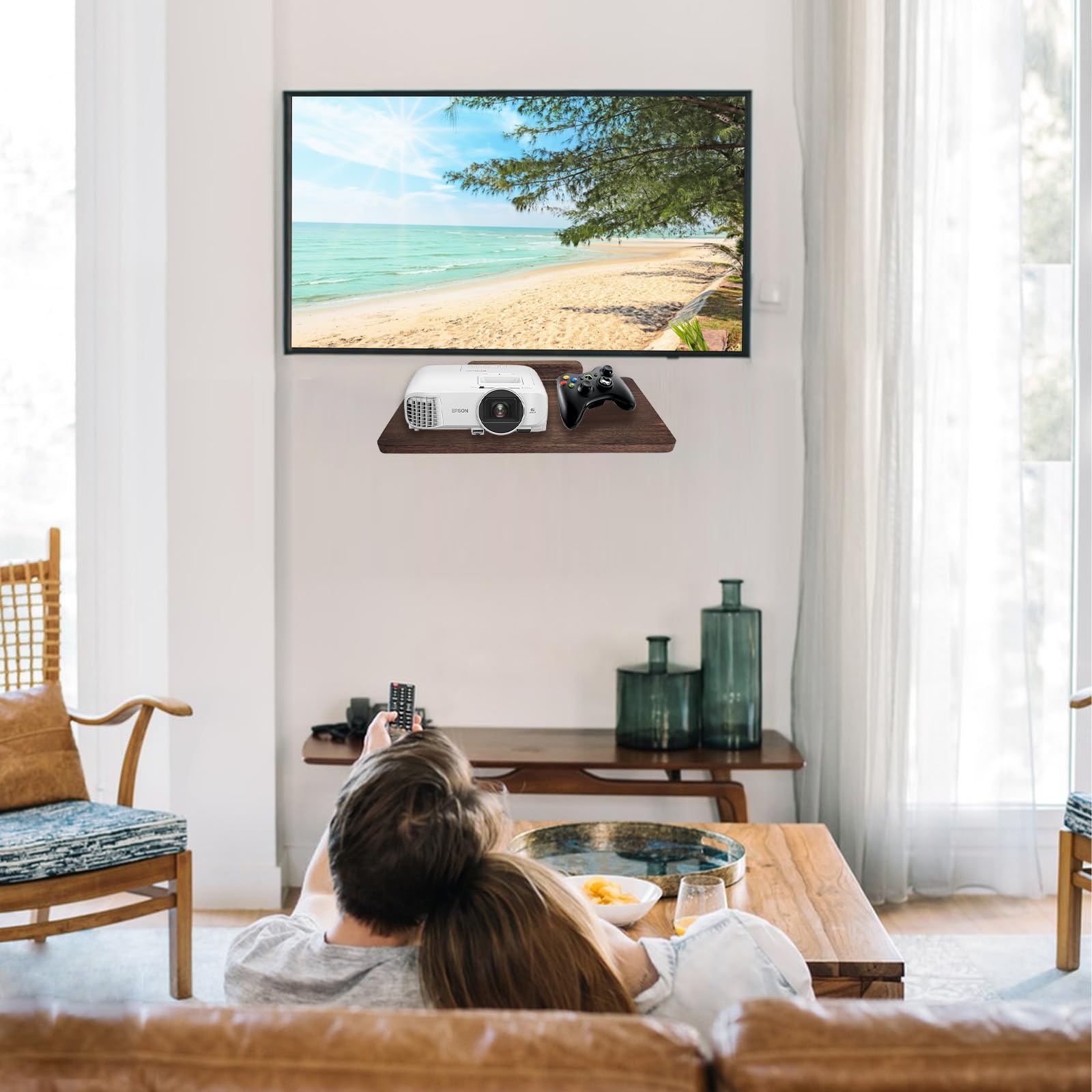YEXEXINM 2 Pack Floating Shelves Wall Mount DVD Shelf,Projector Shelf Rack Router Shelf,Wooden Floating Entertainment Center Supports Perfect for Projector, Game Console, Floating Shelf for Under TV