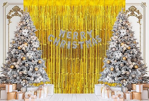 MEHOFOND 2 Pack 3.3x6.6 ft Gold Tinsel 2025 New Year Eve Streamers Party Decorations Foil Fringe Curtain Backdrop for Birthday Wedding Bachelorette Engagement Photo Props