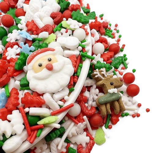 SE Si&Moos Edible Christmas Sprinkles for Cake Decorating Red Green and White Christmas Sprinkles Christmas Cake Decorations Christmas Tree Sprinkles Mix with Each 1 Santa Face and Deer Toopers 3 OZ