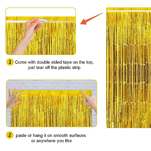 MEHOFOND 2 Pack 3.3x6.6 ft Gold Tinsel 2025 New Year Eve Streamers Party Decorations Foil Fringe Curtain Backdrop for Birthday Wedding Bachelorette Engagement Photo Props