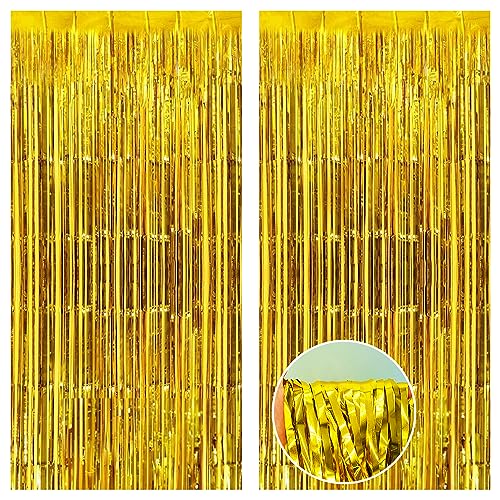 MEHOFOND 2 Pack 3.3x6.6 ft Gold Tinsel 2025 New Year Eve Streamers Party Decorations Foil Fringe Curtain Backdrop for Birthday Wedding Bachelorette Engagement Photo Props