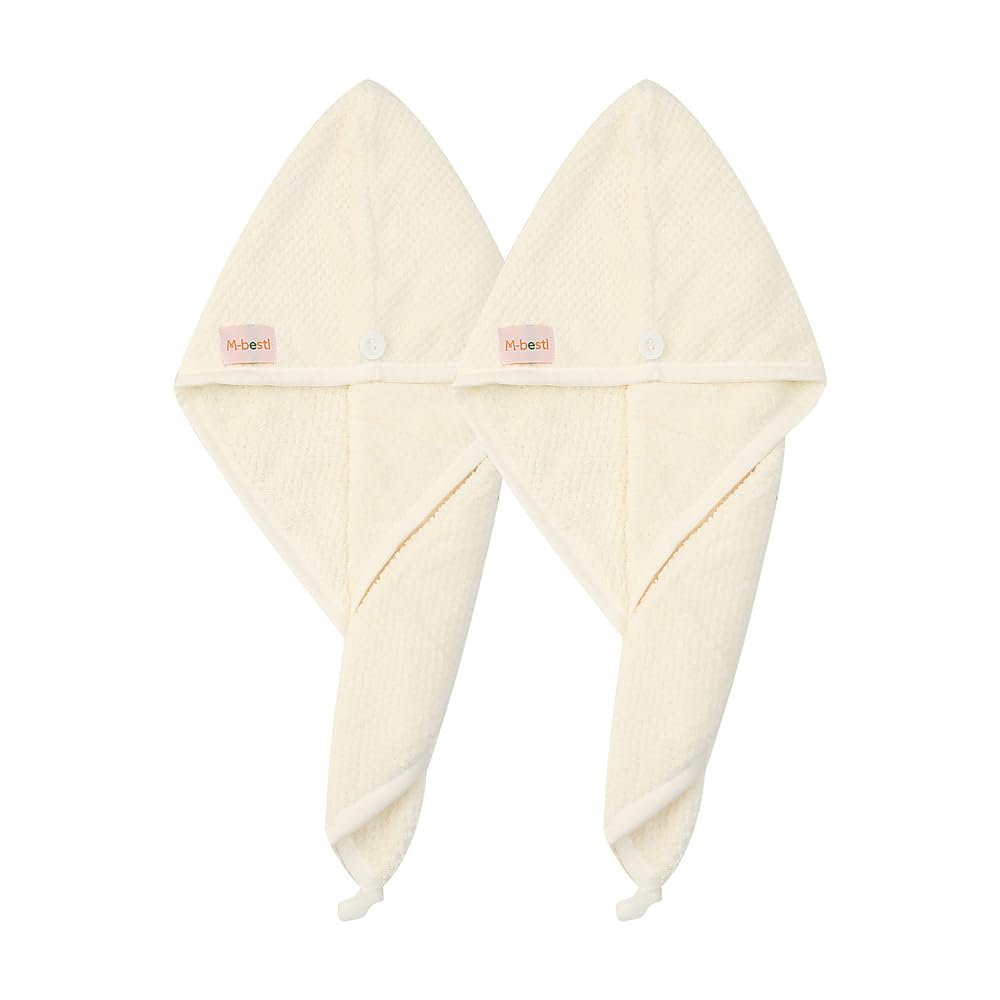 M-bestl 2 Pack Microfiber Hair Towel Wrap,Hair Drying Towel with Button, Absorbent and Soft,Anti-frizz Head Towel to Dry Hair Quickly(Beige&Beige)