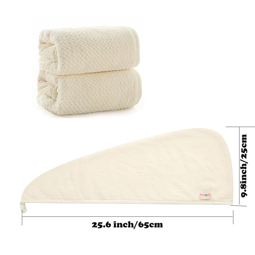 M-bestl 2 Pack Microfiber Hair Towel Wrap,Hair Drying Towel with Button, Absorbent and Soft,Anti-frizz Head Towel to Dry Hair Quickly(Beige&Beige)