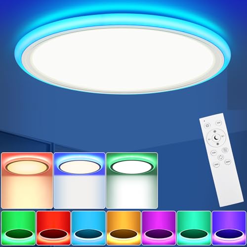LEZOE RGB Led Flush Mount Ceiling Light Dimmable with Remote Control, 13Inch 24W 2400LM 3000-6500K RGB Color Changing Light Fixture, Round Ceiling Lamp for Living Room Bedroom Kids Room Party Festival