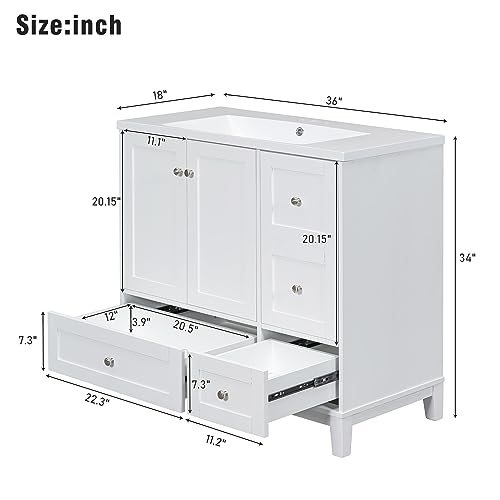 Polibi 36" Modern Bathroom Vanity with USB Charging, Two Doors and Three Drawers Bathroom Storage Vanity Cabinet, Small Bathroom Vanity Cabinet with Single Sink, White, Faucets Not Included