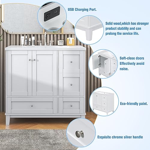 Polibi 36" Modern Bathroom Vanity with USB Charging, Two Doors and Three Drawers Bathroom Storage Vanity Cabinet, Small Bathroom Vanity Cabinet with Single Sink, White, Faucets Not Included