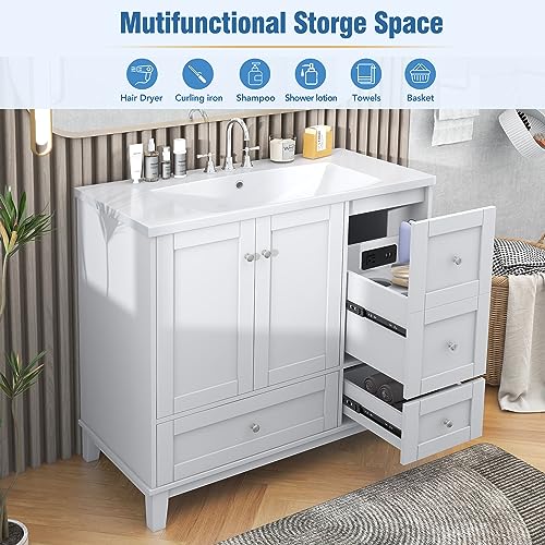 Polibi 36" Modern Bathroom Vanity with USB Charging, Two Doors and Three Drawers Bathroom Storage Vanity Cabinet, Small Bathroom Vanity Cabinet with Single Sink, White, Faucets Not Included