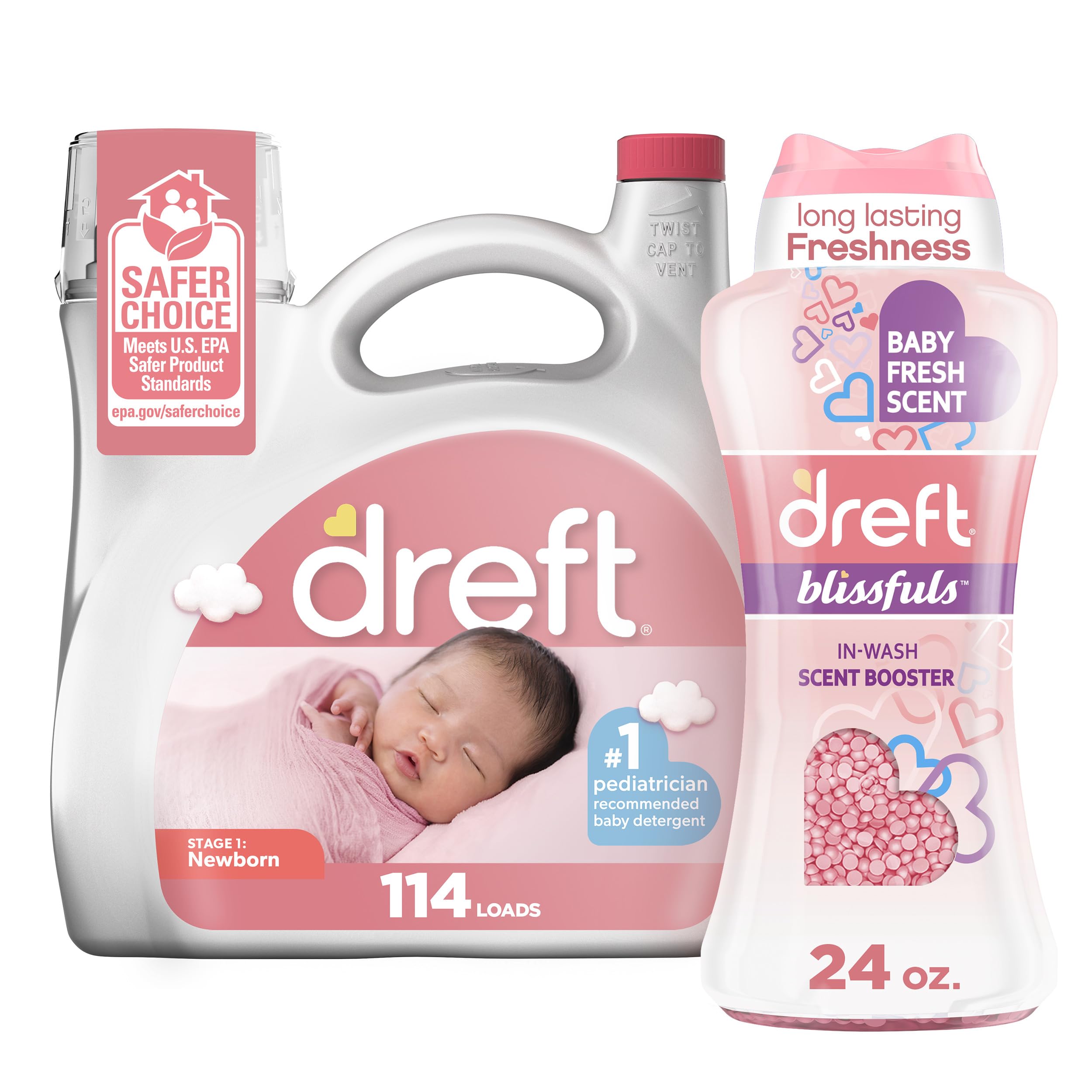 Bundle of Dreft Stage 1: Newborn Baby Liquid Laundry Detergent 114 loads 165 fl oz + Blissfuls In-Wash Scent Booster Beads, Baby Fresh Scent, 24 oz