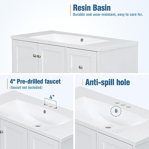 Polibi 36" Modern Bathroom Vanity with USB Charging, Two Doors and Three Drawers Bathroom Storage Vanity Cabinet, Small Bathroom Vanity Cabinet with Single Sink, White, Faucets Not Included