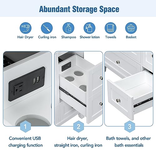 Polibi 36" Modern Bathroom Vanity with USB Charging, Two Doors and Three Drawers Bathroom Storage Vanity Cabinet, Small Bathroom Vanity Cabinet with Single Sink, White, Faucets Not Included