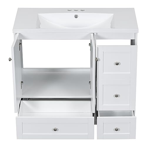 Polibi 36" Modern Bathroom Vanity with USB Charging, Two Doors and Three Drawers Bathroom Storage Vanity Cabinet, Small Bathroom Vanity Cabinet with Single Sink, White, Faucets Not Included