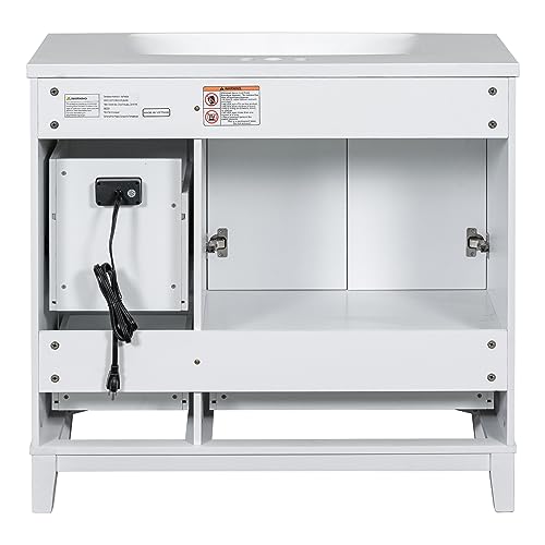 Polibi 36" Modern Bathroom Vanity with USB Charging, Two Doors and Three Drawers Bathroom Storage Vanity Cabinet, Small Bathroom Vanity Cabinet with Single Sink, White, Faucets Not Included