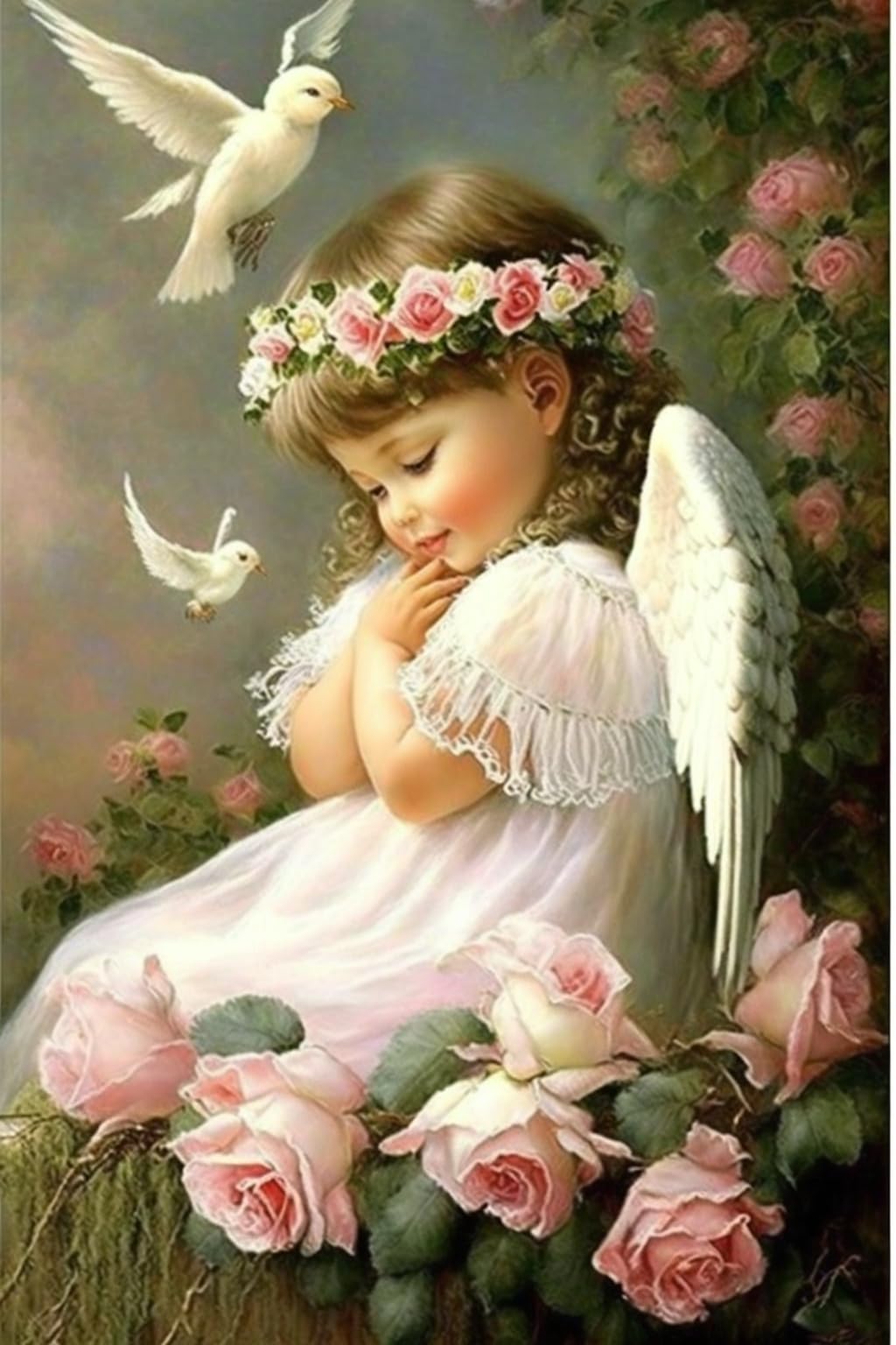 RMSGOZO 5D Pink Rose White Angel Girl Diamond Painting Kits - Garden Oil Painting Full Circle Gemstone Crystal Cross Stitch Kit for Adults, Gifts for Home Decor & Living Room Decor (12 X 16 Inch)