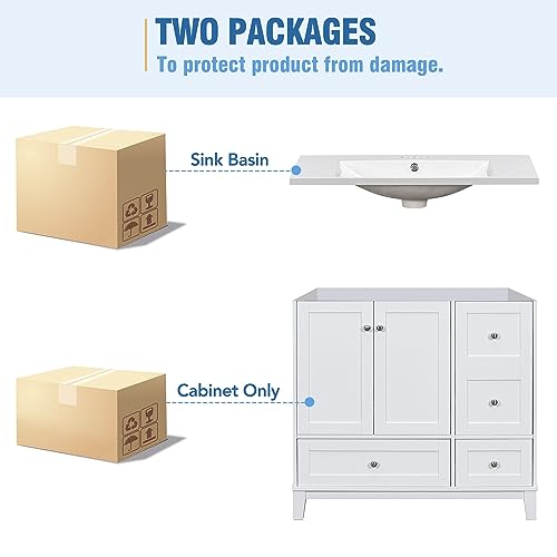 Polibi 36" Modern Bathroom Vanity with USB Charging, Two Doors and Three Drawers Bathroom Storage Vanity Cabinet, Small Bathroom Vanity Cabinet with Single Sink, White, Faucets Not Included