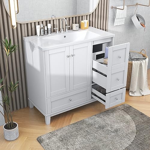Polibi 36" Modern Bathroom Vanity with USB Charging, Two Doors and Three Drawers Bathroom Storage Vanity Cabinet, Small Bathroom Vanity Cabinet with Single Sink, White, Faucets Not Included