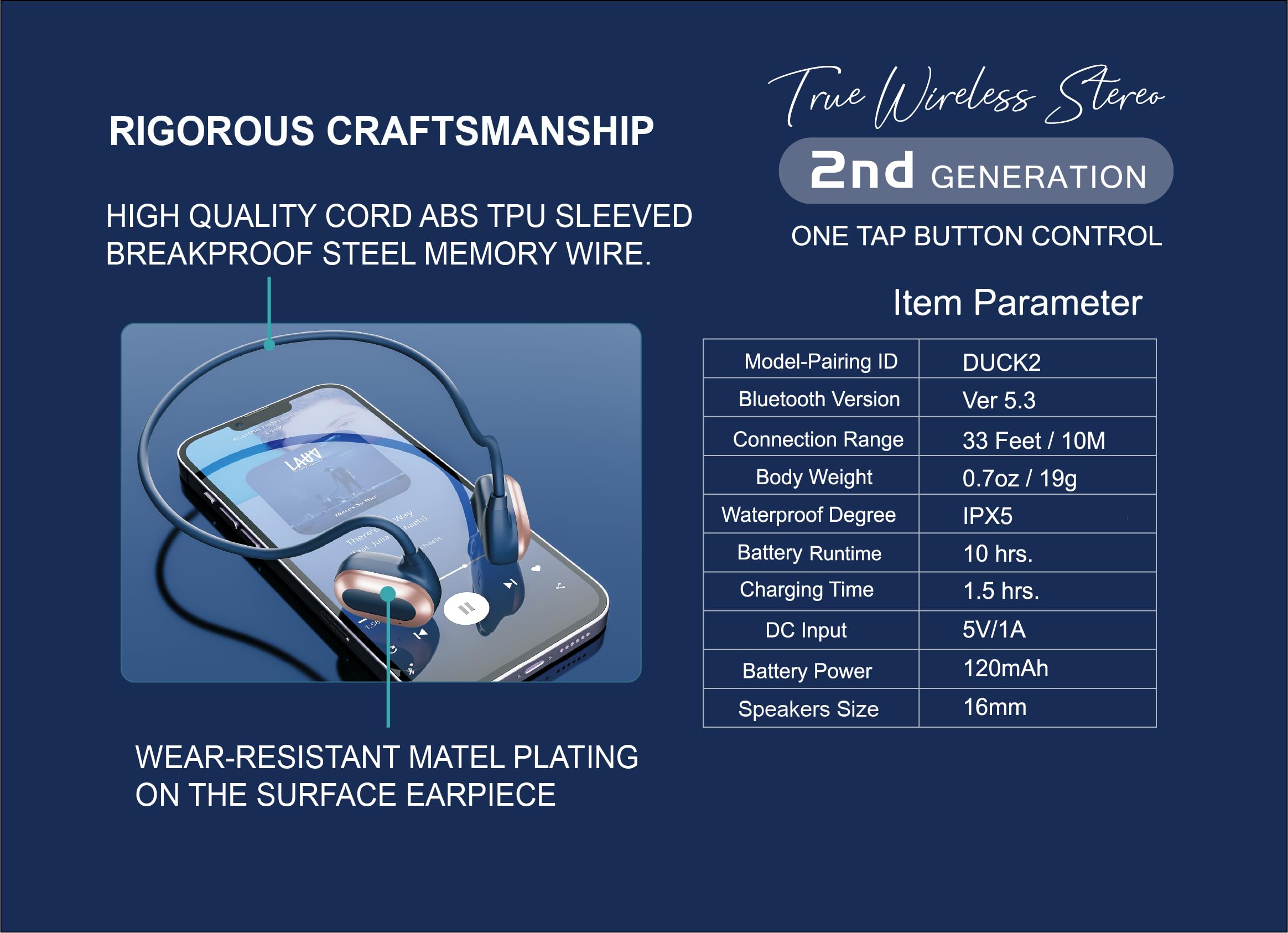 Open Ear Headphone TWS True Wireless Stereo Over-The-Ear Sport Headphone DUCK2 Air Conduction Earphone Blind-Touch-Control Technology (Black/Nickel)