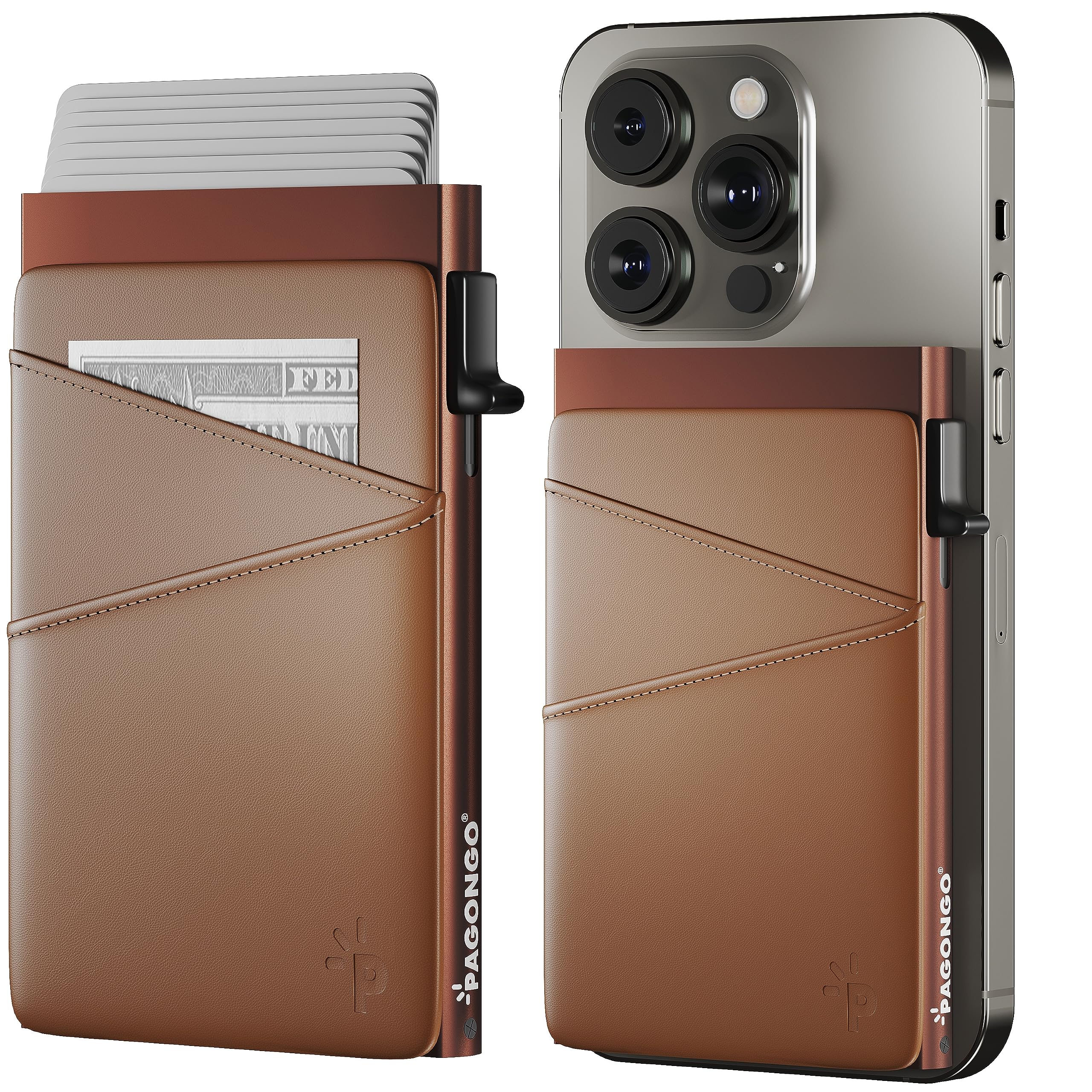 PAGONGO Magsafe Wallet, Mag Safe Wallet Magnetic Minimalist, Pop Up Credit Card Holder with Leather Front Pocket, Apple Wallet Magsafe, Iphone Wallet, Magnetic Wallet Iphone, Brown