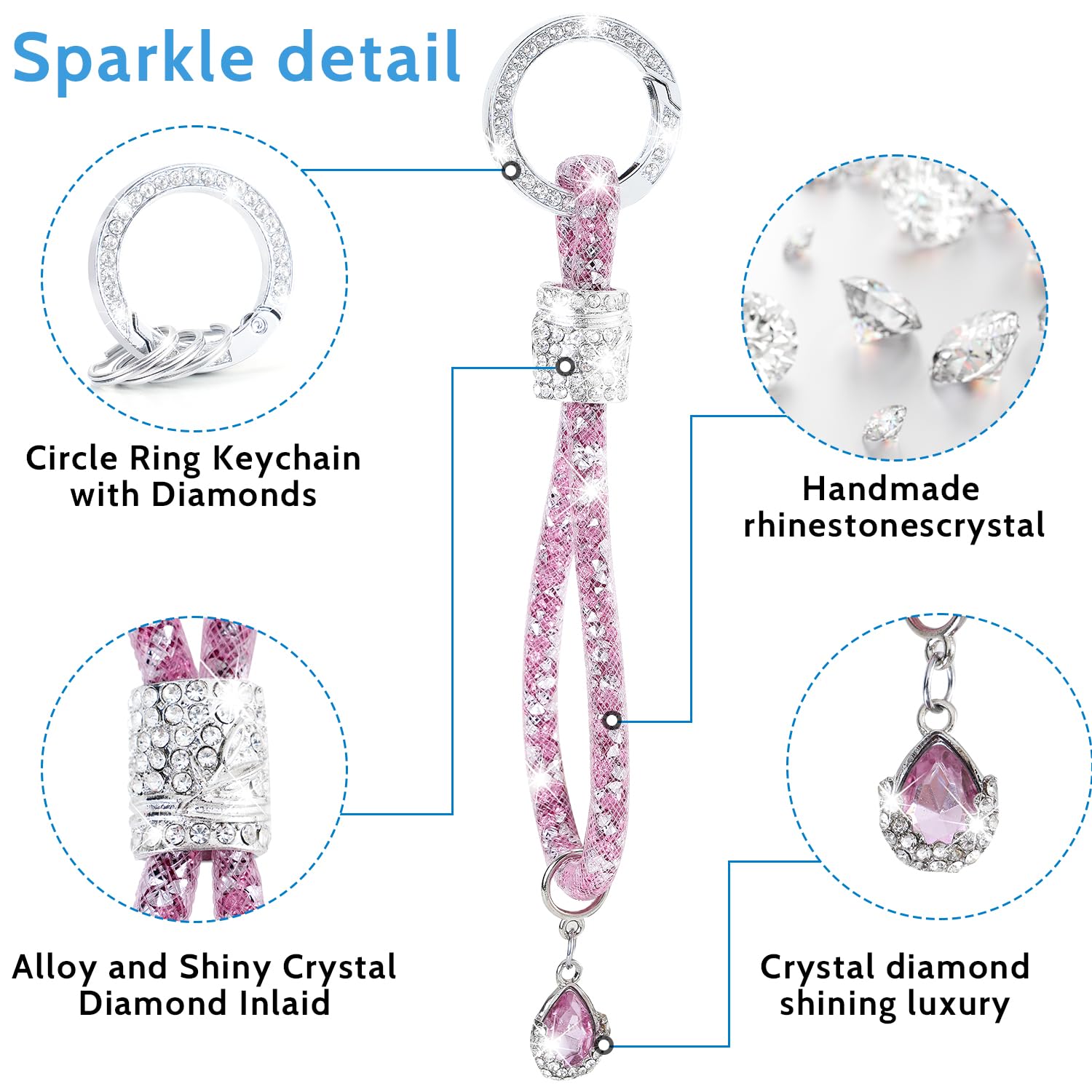 SUTUMOR Sparkling Rhinestone Keychain Ring - Glamorous Car Key Decor for Women - Bling Keychain Accessory （Pink）