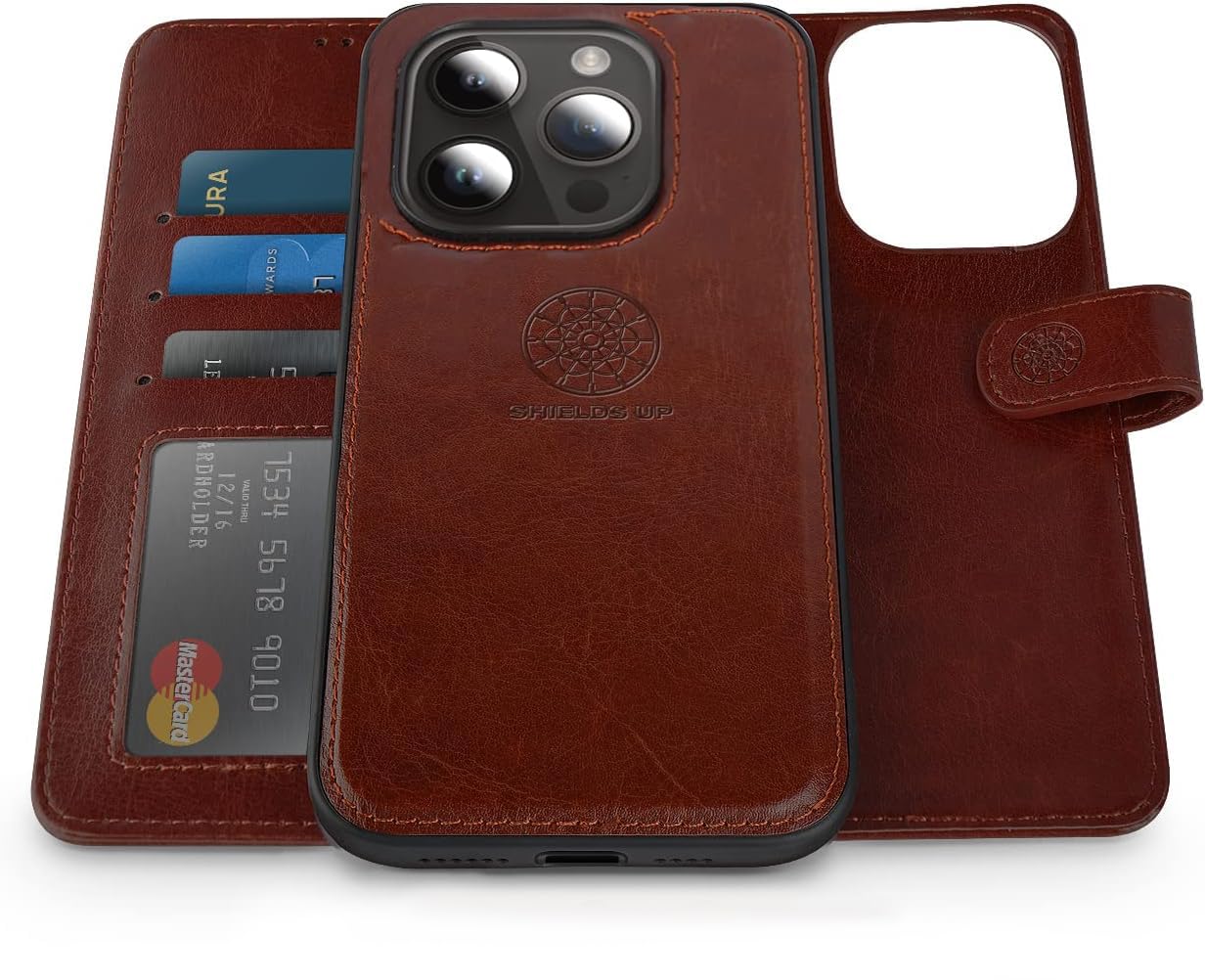 Shields Up for iPhone 15 Pro Max Wallet Case, Detachable Magnetic Case Wallet with Card Holder & Wrist Strap, [Vegan Leather] Protective Folio Cover for iPhone 15 Pro Max 6.7 inch - Brown