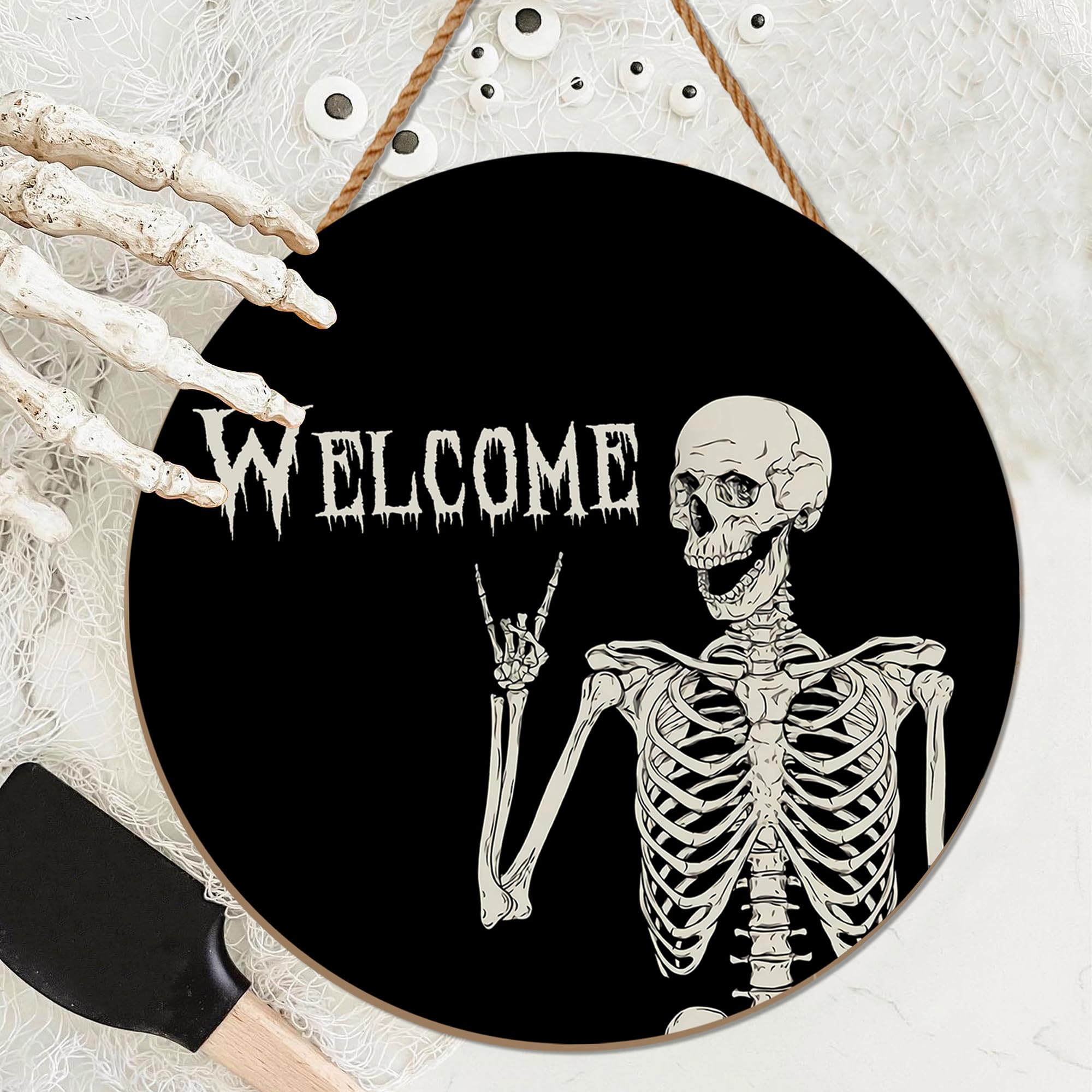 Halloween Decorations Wreath Halloween Skull Welcome Door Sign Front for Door Decoration, Rustic Wooden Holiday Decor for Front Door Porch Window Wall Farmhouse Indoor Outdoor