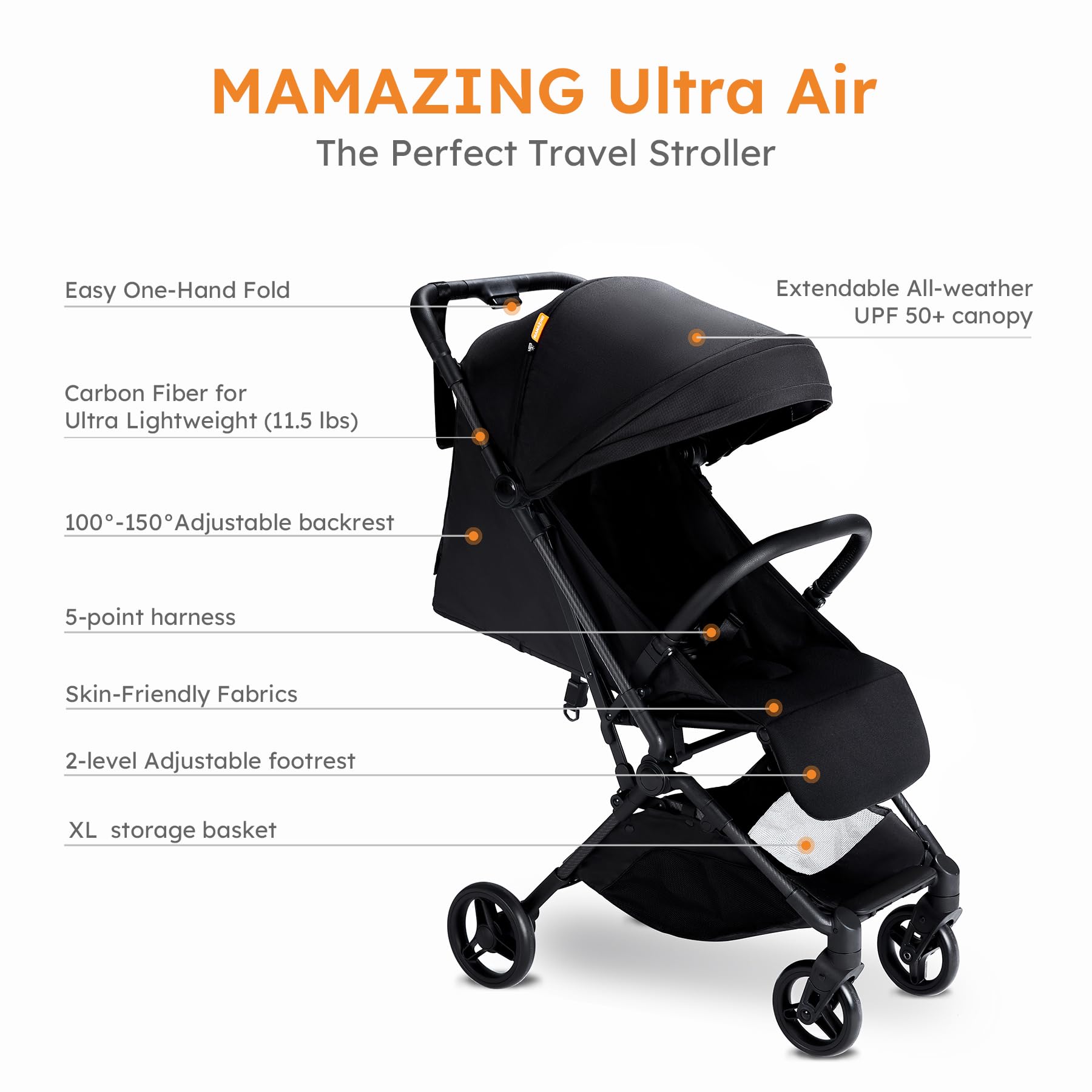 MAMAZING Lightweight Baby Stroller with Organizer, Ultra Compact & Airplane-Friendly Travel Stroller, One-Handed Folding Stroller for Toddler, Only 11.5 lbs, Coal