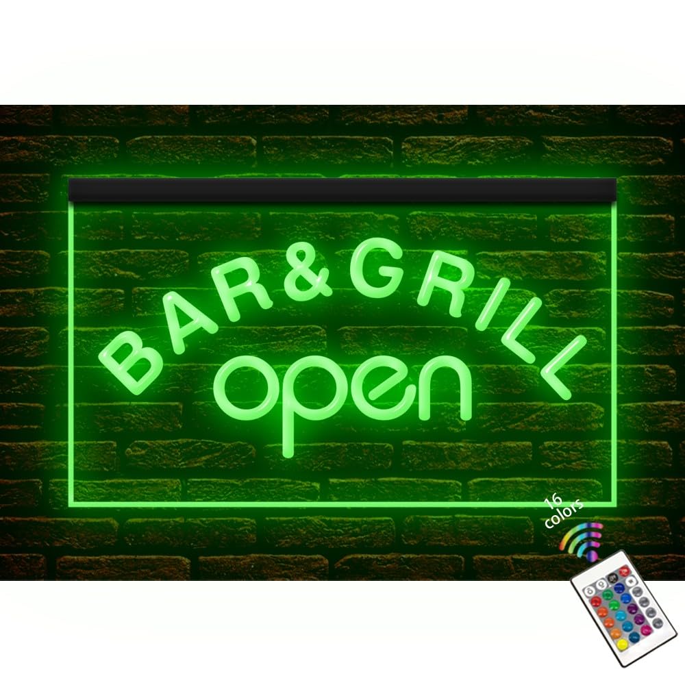110023 Bar & Grill Open Cafe BBQ Restaurant Shop Store Display LED Light Neon Sign (21.5" X 12", 16 Colors By Remote)
