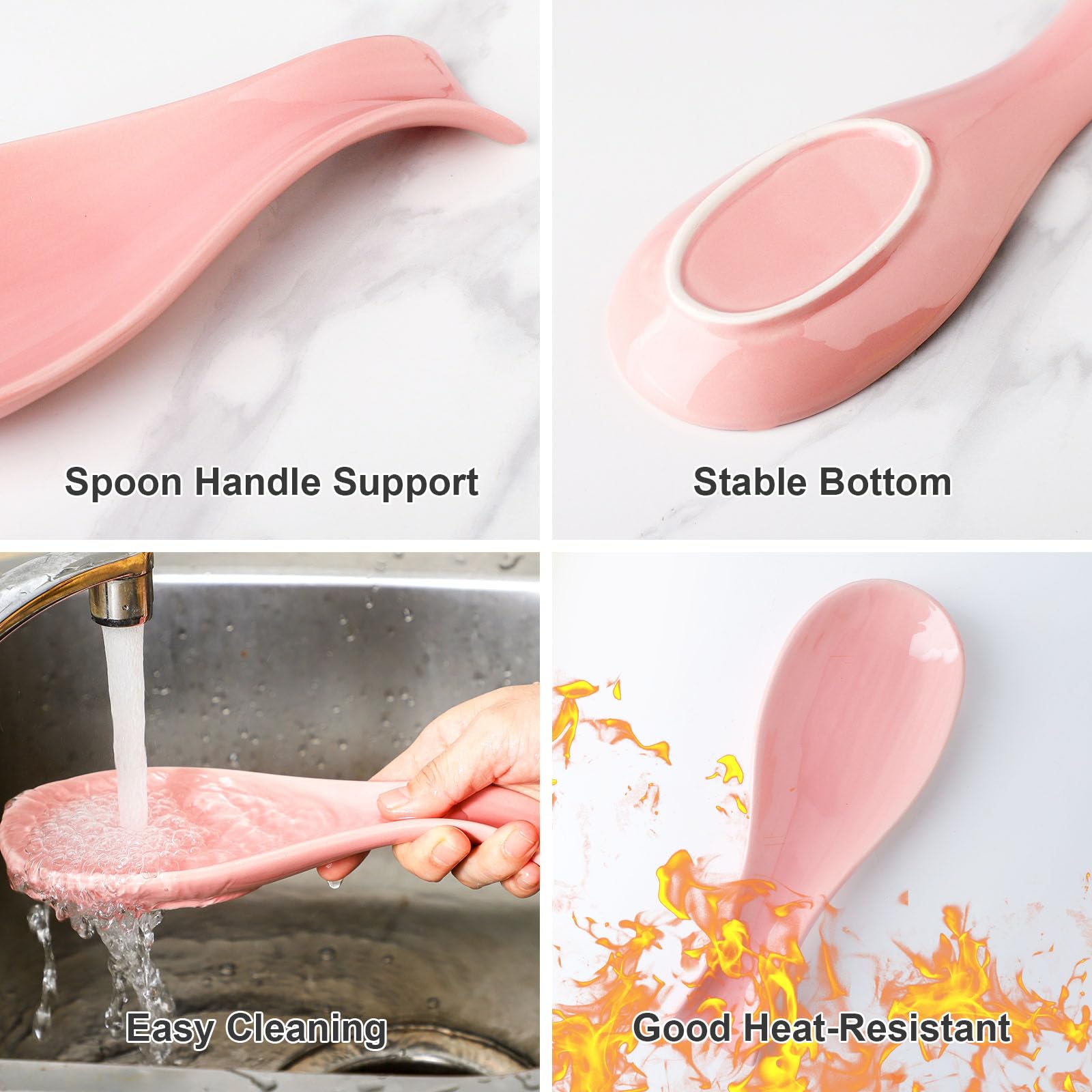 Hasense Spoon Rest for Stove Top, Large Ceramic Spoon Holder for Kitchen Counter, Cooking Utensil Rest for Spatula Ladle Spoon and Tong, Kitchen Spoon Rest for Home and Coffee Bar Accessories, Pink