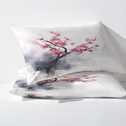 Cherry Blossom Sheets Full Size, Sakura Japanese Style Bed Sheets, Patterned Bedding Sheets & Pillowcases 4 Piece Set - Soft Microfiber Deep Pocket Fitted Sheet & Flat Sheet & 2 Pillow Cases L2-&-112