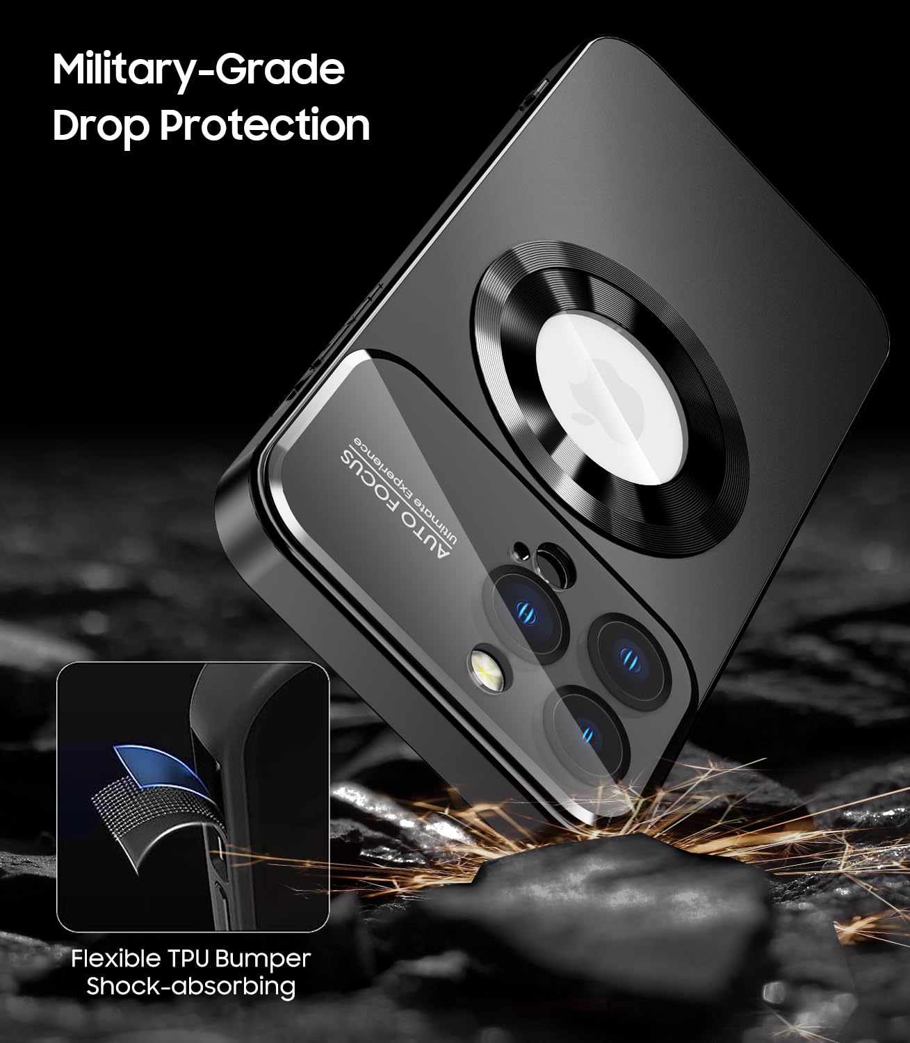 MAKAVO Magnetic for iPhone 13 Pro Max Case, Compatible with MagSafe, Built-in Camera Lens Protector, Logo View, Military Grade Drop Proof Phone Case Cover, Black