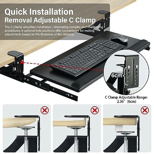 TOPSKY Adjustable Under-Desk Keyboard Tray, 26.8”x11” Pull Out Keyboard and Mouse Tray with Tilted Mechanism and C Clamp for Home and Office (Black)