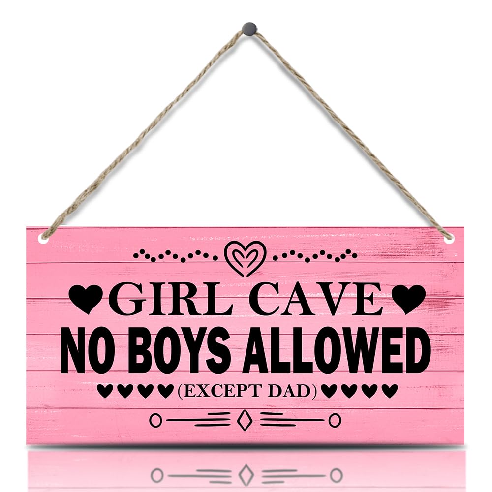 Pink Little Girl Cave Hanging Wooden Sign No Boys Allowed (Еxcept Dad) Quote Plaque Hanging Wall Art Decor for Nursery Kids Toddler Girls Bedroom Playroom Living Room Decorations 12''X 6'' (J690)