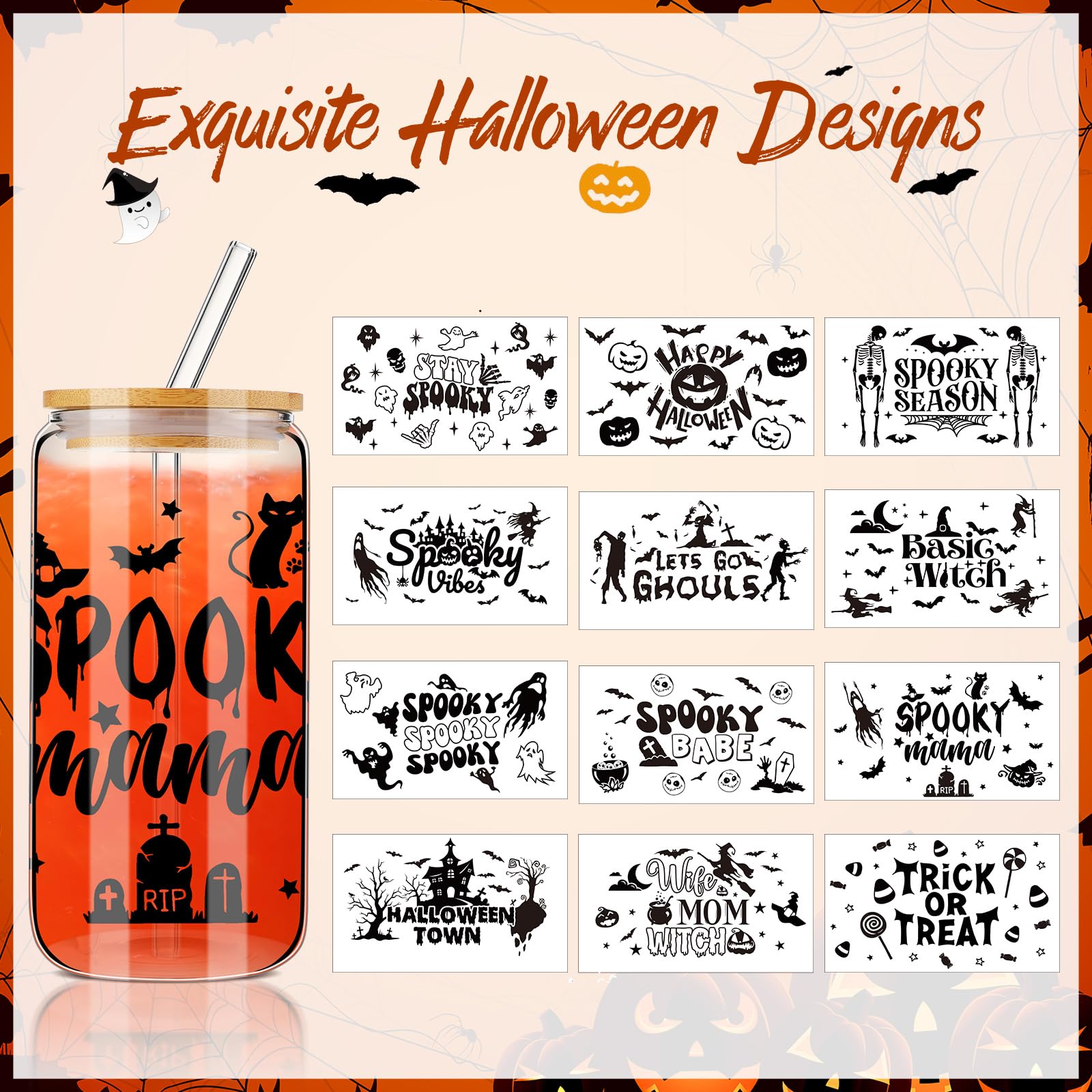 Umigy 12 Pcs Halloween Cups 16oz Halloween Mason Jar with Lid Straw Halloween Tumbler Ghost Iced Coffee Cups Beer Glassware Cookie Jar Gift Drinking Water Bottles Halloween Decoration (Retro Style)