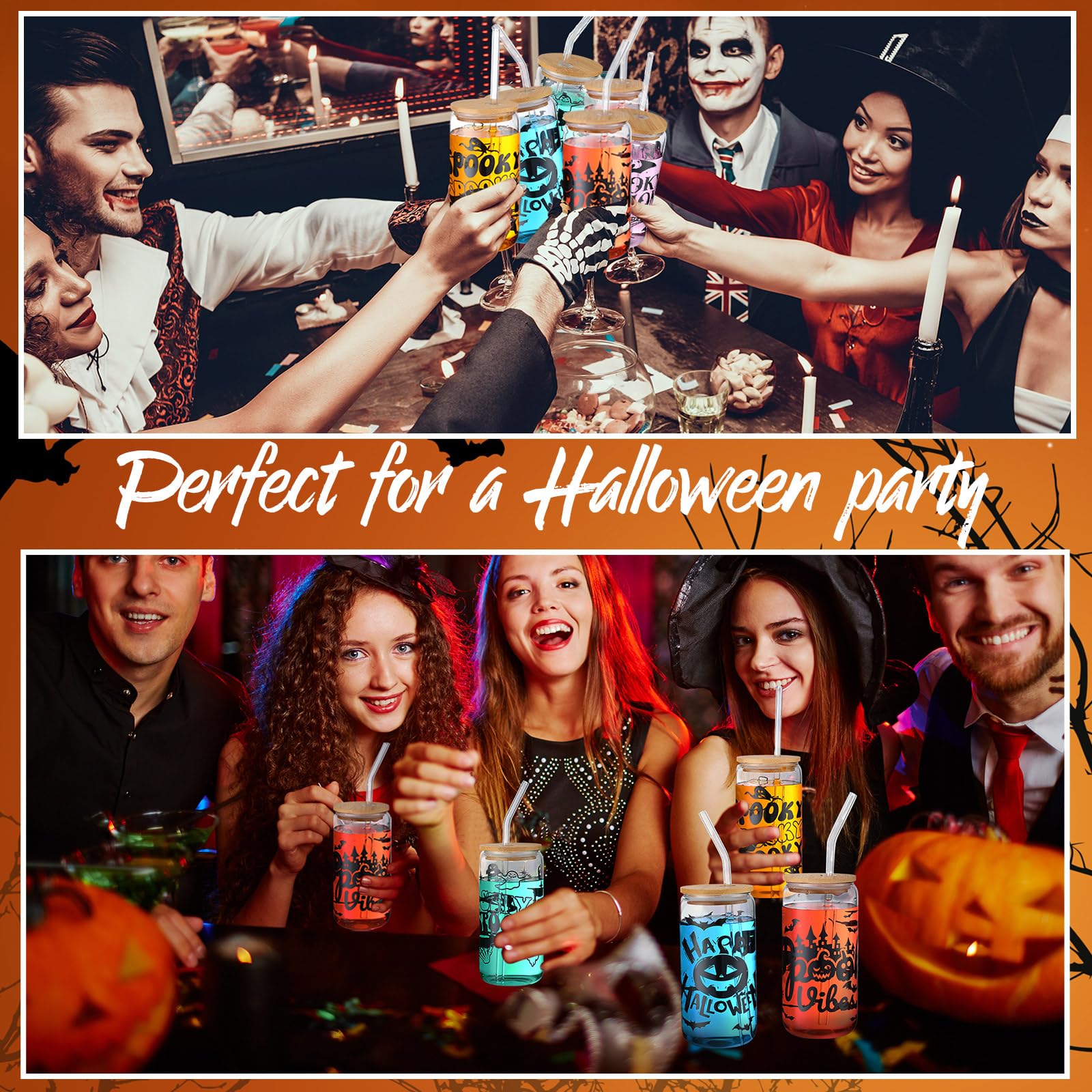 Umigy 12 Pcs Halloween Cups 16oz Halloween Mason Jar with Lid Straw Halloween Tumbler Ghost Iced Coffee Cups Beer Glassware Cookie Jar Gift Drinking Water Bottles Halloween Decoration (Retro Style)