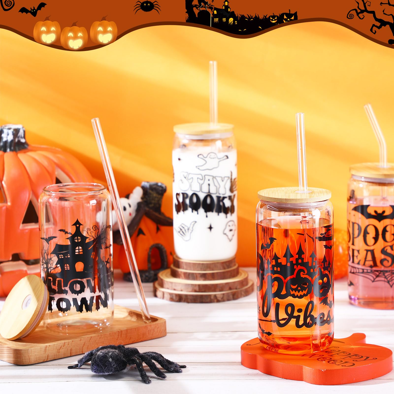 Umigy 12 Pcs Halloween Cups 16oz Halloween Mason Jar with Lid Straw Halloween Tumbler Ghost Iced Coffee Cups Beer Glassware Cookie Jar Gift Drinking Water Bottles Halloween Decoration (Retro Style)