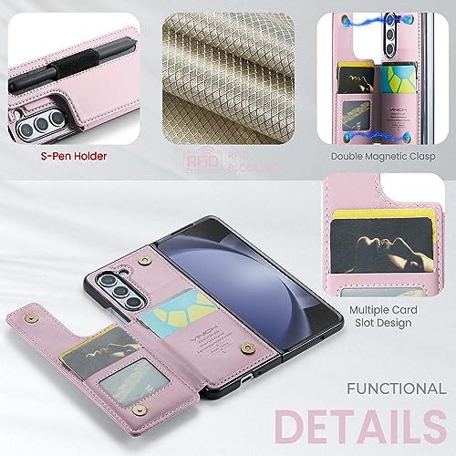 Vinich for Samsung Galaxy Z Fold 5 Wallet Case with S Pen Holder, [Front Cover] [RFID Blocking] [Card Holder] [Kickstand] Shockproof Phone Case for Galaxy Z Fold 5, Rose Gold